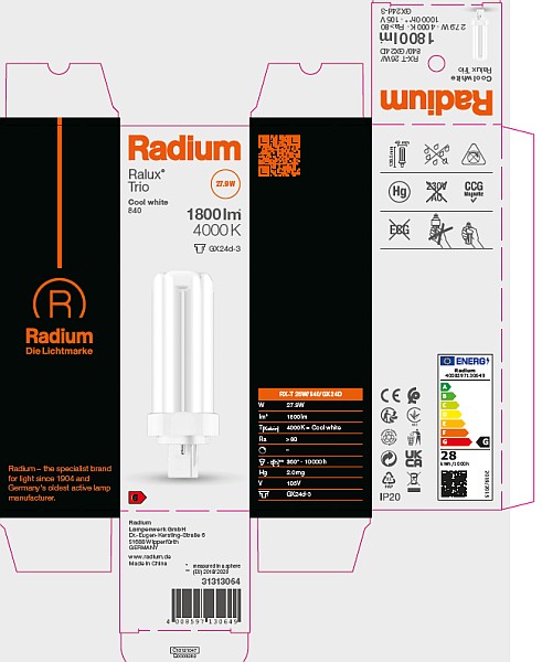 31313064 | Compact fluorescent lamp Ralux® Trio , RX-T 26W/840/GX24D ...